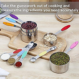 15 Pcs Stainless Steel Measuring Cups and Spoons Set, YIHONG Metal Measuring Cups and Spoons with Silicone Handle for Cooking & Baking, Includes 7 Cups, 7 Spoons and 1 Leveler