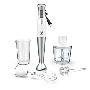 Immersion Hand Blender, UTALENT 5-in-1 8-Speed Stick Blender with 500ml Food Grinder, BPA-Free, 600ml Container,Milk Frother,Egg Whisk ,Puree Infant Food, Smoothies, Sauces and Soups - White