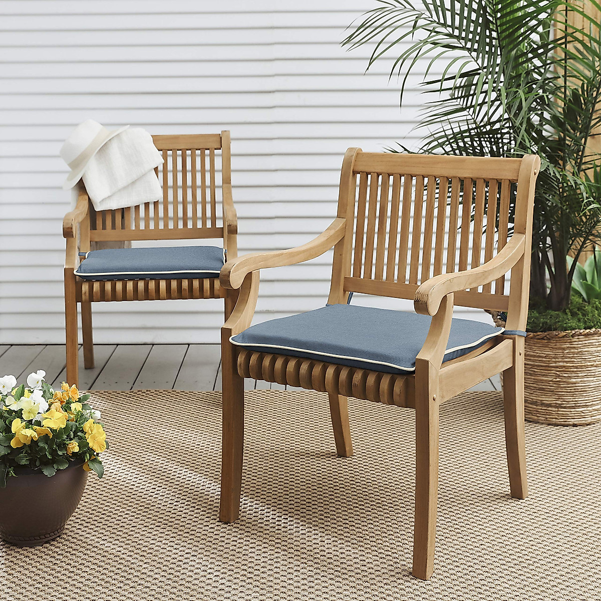 Sorra Home Sunbrella Indoor/Outdoor Cushion Corded Chair Pad Set, 19 in x 17 in x 2 in, Spectrum Denim/Cast Pumice 2 Count