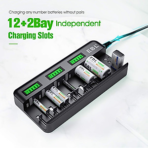 EBL 12+2 Bay LCD Rechargeable Battery Charger for AA AAA C D Ni-MH Ni-CD Rechargeable Batteries & 9V NiMH Ni-CD Li-ion Rechargeable Batteries (AC Power Supply)