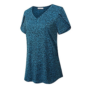 MISS FORTUNE Womens V-Neck Short Sleeve Activewear T-Shirt Petal Sleeve Casual Athletic Moisture Wicking Fitness Tops Blue 3XL