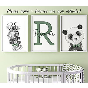 Personalized Safari Animals for Baby Boys Nursery Bedroom Unframed set of 3 Poster Prints, Personalized Name Blue Green Yellow Bow Tie Wall Art Decor New Baby Gift Present, Elephant Giraffe Lion Zebra (8x10)