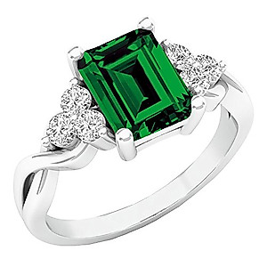 Dazzlingrock Collection Sterling Silver 8X6 MM Emerald Cut Lab Created Emerald & Round Diamond Ring, Size 8.5