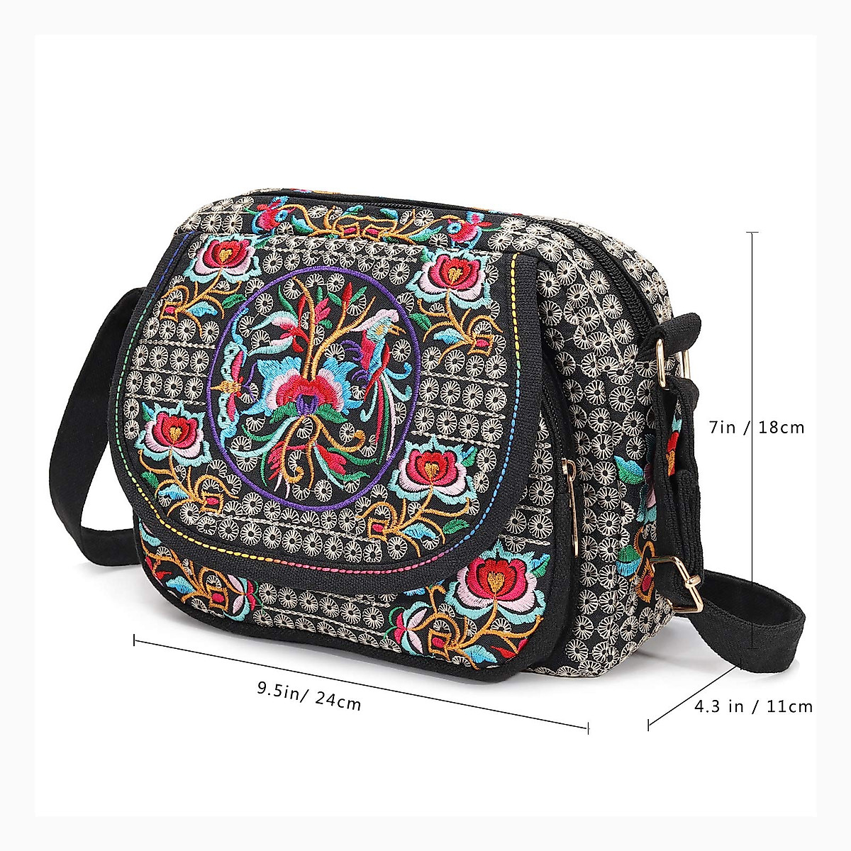 Vintage Embroidery 6.5" Canvas 3 zip Small Crossbody Bag Cell Phone Pouch Wallet Bag Coin Purse for Women (Black + Flower)