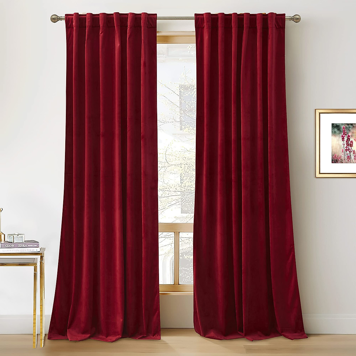RYB Home Velvet Curtains for Bedroom - Light & Heat Block Back Tabs Window Treatment Energy Efficient Privacy Protection Drapes for Party Backdrop,Film Room, Ruby Red, W52 x L96 inches, 2 Panels