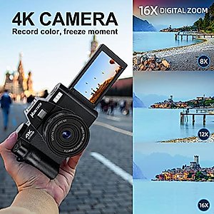 Monitech Digital Camera for Photography and Video, 4K 48MP Vlogging Camera for YouTube with 180° Flip Screen,16X Digital Zoom, 2 Batteries，32GB TF Card