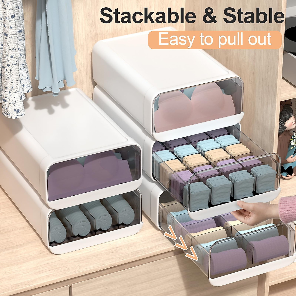 Miaocona Underwear Organizer Drawer, 24 Cells Plastic Sock Underwear Storage Drawer, Stackable Closet Organizers and Storage Box for Bras, Socks, Scarves, Ties, Belt (King Size-White, 1 Pcs)