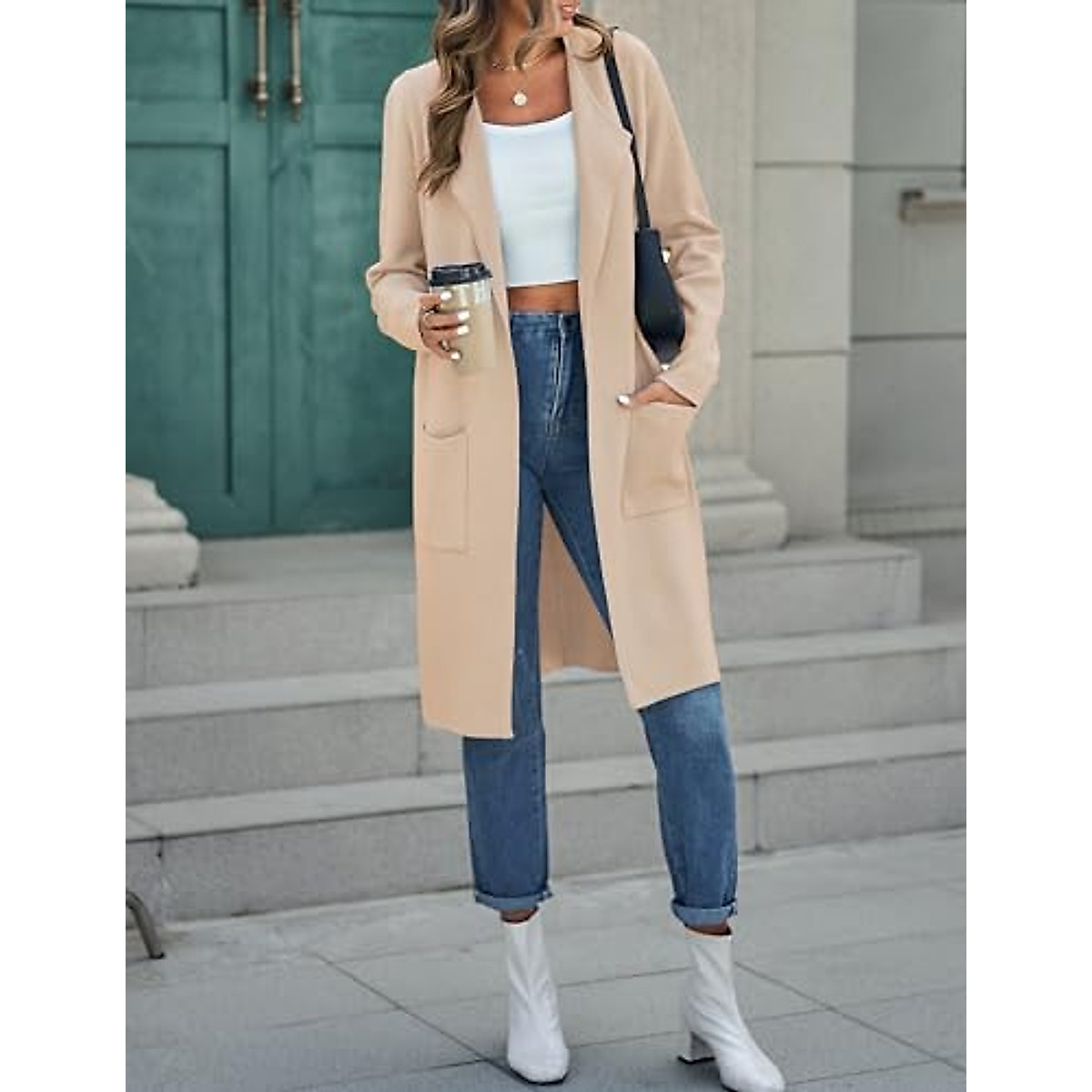 MEROKEETY Women's Open Front Coatigan Sweater Long Sleeve Casual Knit Lapel Cardigan Coat with Pockets, Apricot, Small