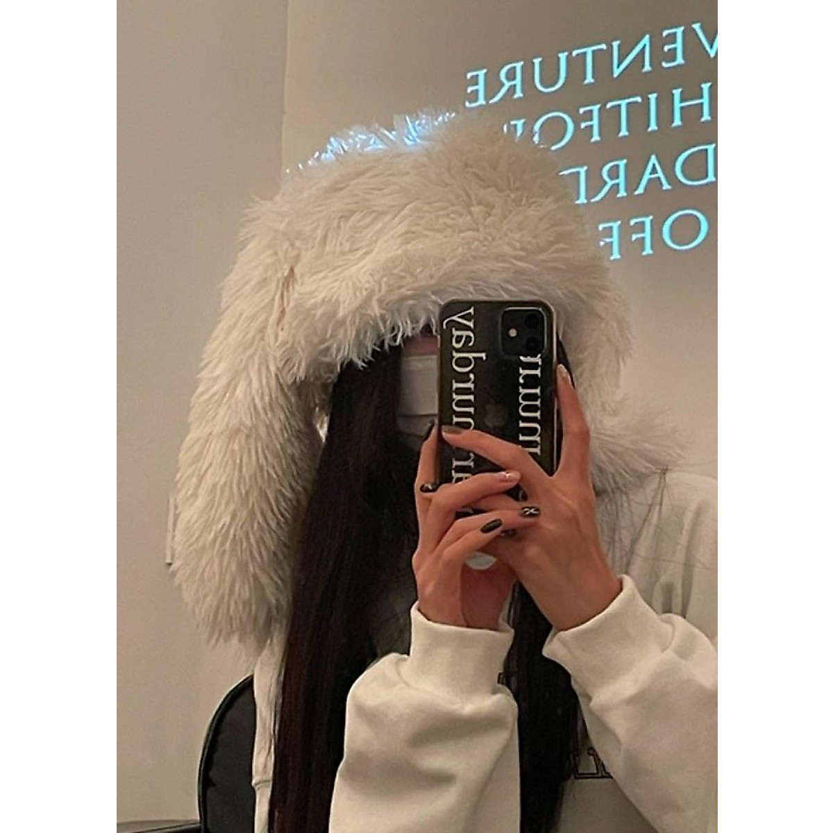 Plush Hat for Women Fuzzy Cute Beanie Solid Color Rabbit Bunny Ears Hat Y2K Winter Cold Weather Christmas Halloween (White)