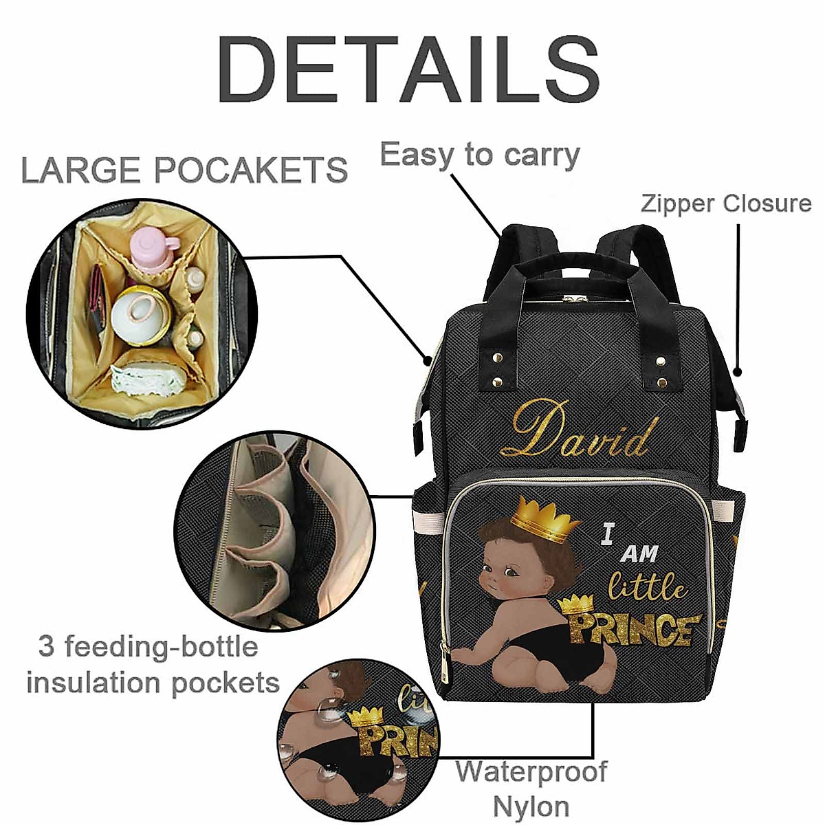 Artsadd Personalized Diaper Bag Backpack for Baby Girl Boy, Custom Name Monogrammed Crown Boy Black Large Nappy Nursing Orangizer Mommy Bags, Waterproof Travel Daypack for Mom Gifts