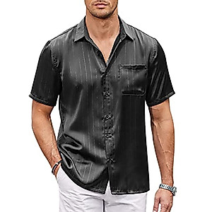 COOFANDY Men's Silk Short Sleeve Dress Shirts Casual Satin Button Up Shirts with Pocket Party Prom Wedding Black