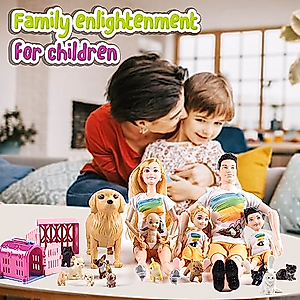 Family Dolls Set of 6 People with Dollhouse Pets Included Pregnant Mom Dad 3 Kids and Baby Boy in Mommy's Tummy, Doll Playsets and Accessories for 3-12 Years Old Toddlers Gift