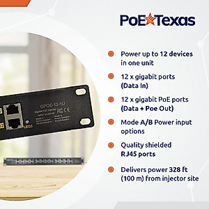 PoE Texas - PoE Injector - 12 Port Gigabit Passive Midspan Injector with 24V 120 Watt UL Power Supply - Power Over Ethernet for Ubiquiti and Mikrotik WAP, IP Camera and 24 Volt Passive PoE Devices