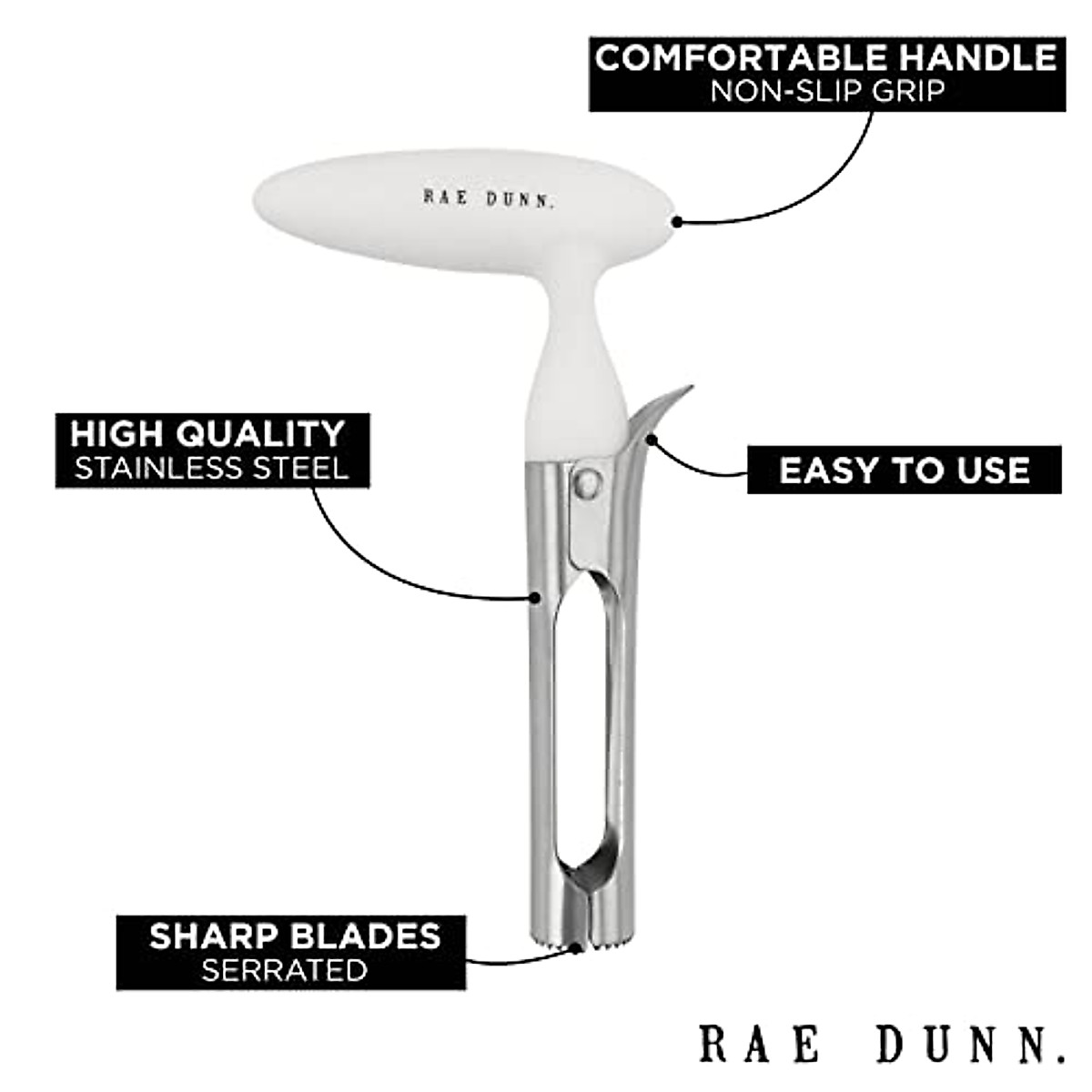 Rae Dunn Stainless Steel Corer - Easily Removes Cores and Pits from Apples, Pears, Peppers, Pineapples, and More, White