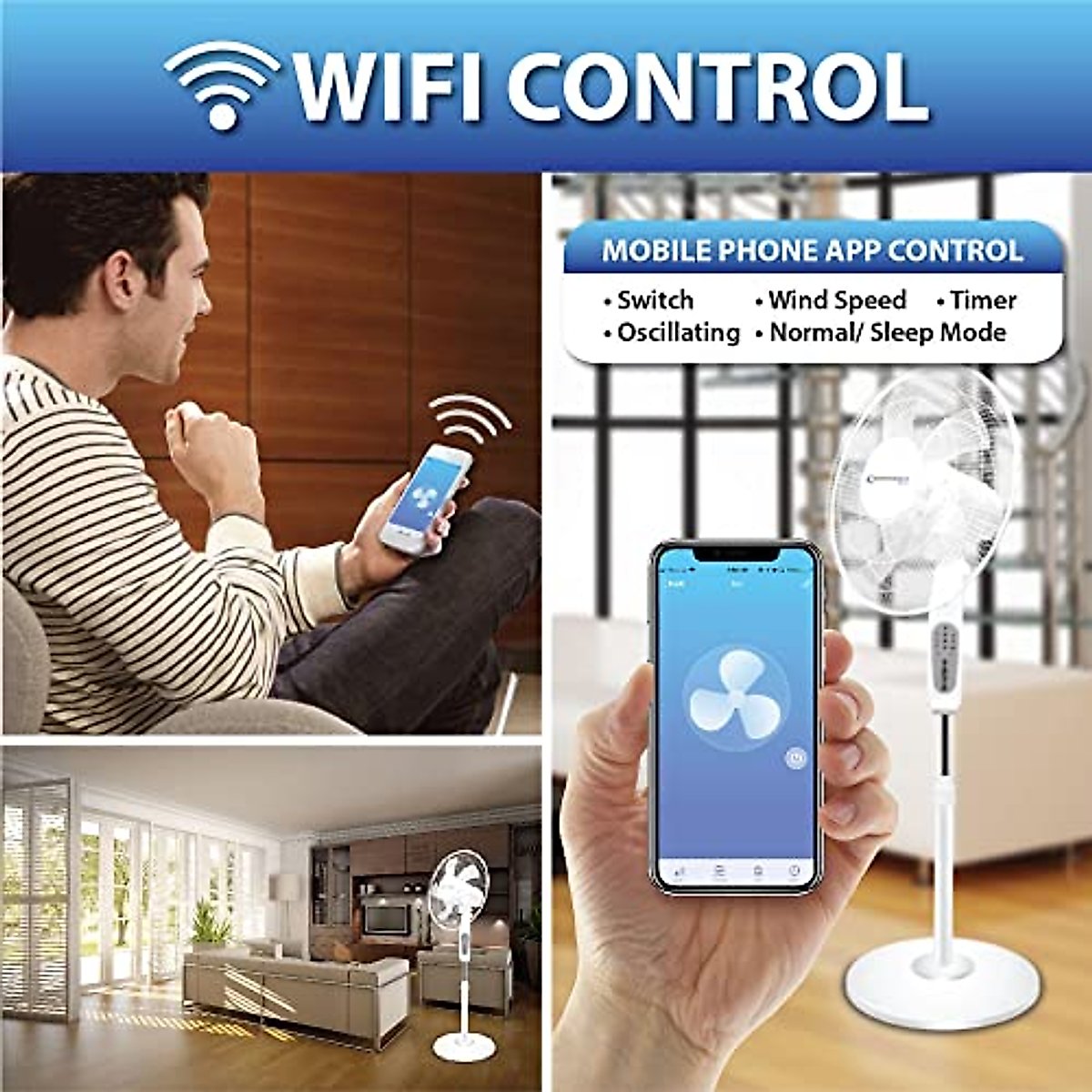 Technical Pro Smart Oscillating Pedestal Fan, 3 Speed Portable 16” WIFI Enabled Standing Fan w Adjustable Height, 270 Degree Oscillation, Tilting, Timer & Sleep mode compatible w/Alexa/Google (White)