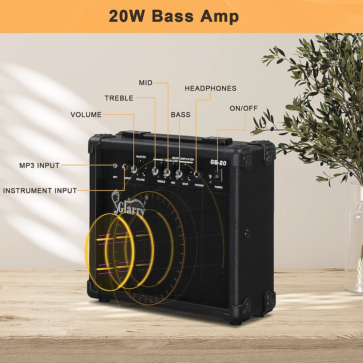 GLARRY Electric Bass Guitar 4 Strings Buring Fire Style Single Coil - Split Single Coil Pickups for Beginner Adults Right Hand w/ 20W Amp, Bag, Strap and Cord (Black)