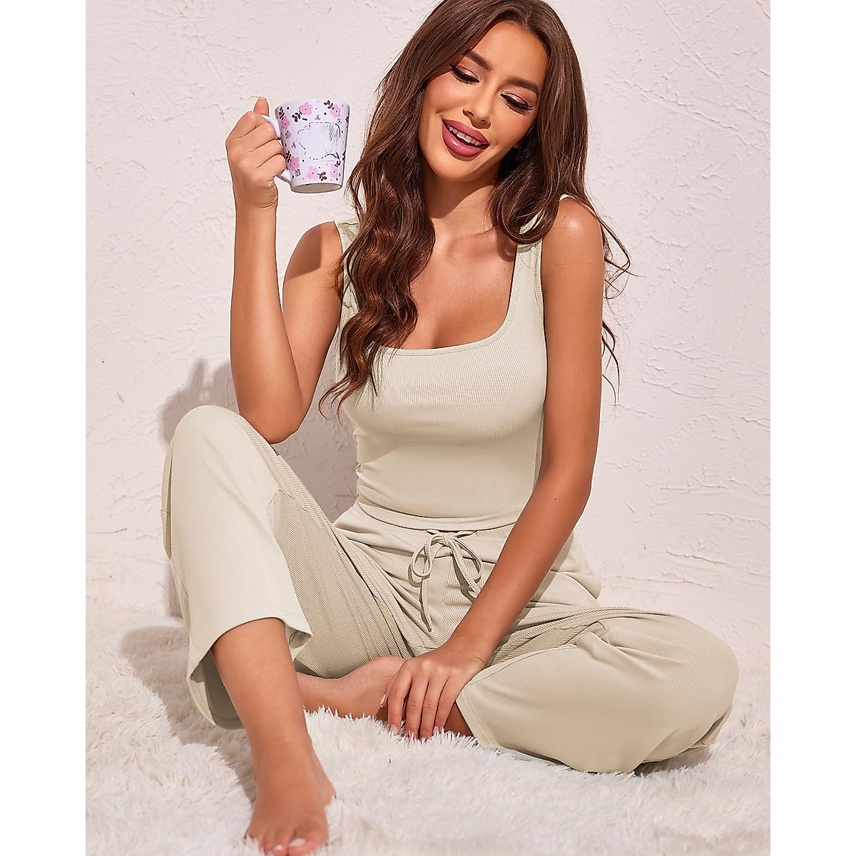 Ekouaer Womens 4 Piece Lounge Sets Ribbed Knit Crop Tank Top and Shorts Pants Casual Outfits