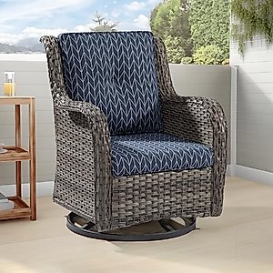 Gardenbee Outdoor Swivel Rocker Chair, High Back Swivel Patio Chairs Wicker Furniture, 1PC Rattan Swivel Rocking Chair with OIefin Cushions, Herringbone Navy