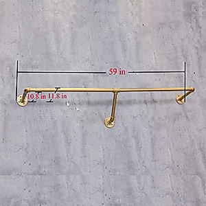MDEPYCO Industrial Pipe Wall Mounted Towel Clothing Hanging Shelves System,Vintage Laundry Room Storage Rod,Metal Garment Rack for Clothes Retail Display Stand (59" L x 11.8" D, Gold)