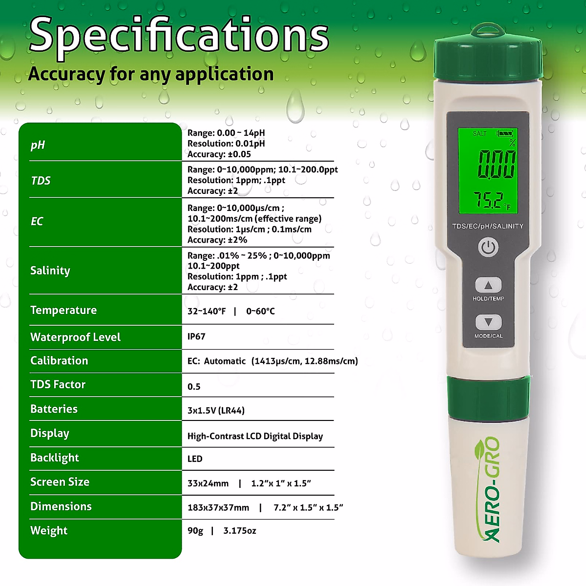 AERO-GRO Digital 5-in-1 Meter: 5 Functions: pH, TDS, EC, Salinity%, Salinity ppm, and Temp, IP67 Waterproof, Pen-Type Tester for Hydroponics, Water, Wine, Spas, Aquariums