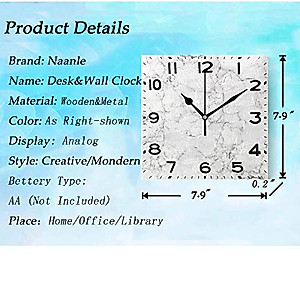 Naanle Chic 3D White Marble Stone Print Square Wall Clock, 8 Inch Battery Operated Quartz Analog Quiet Desk Clock for Home,Office,School