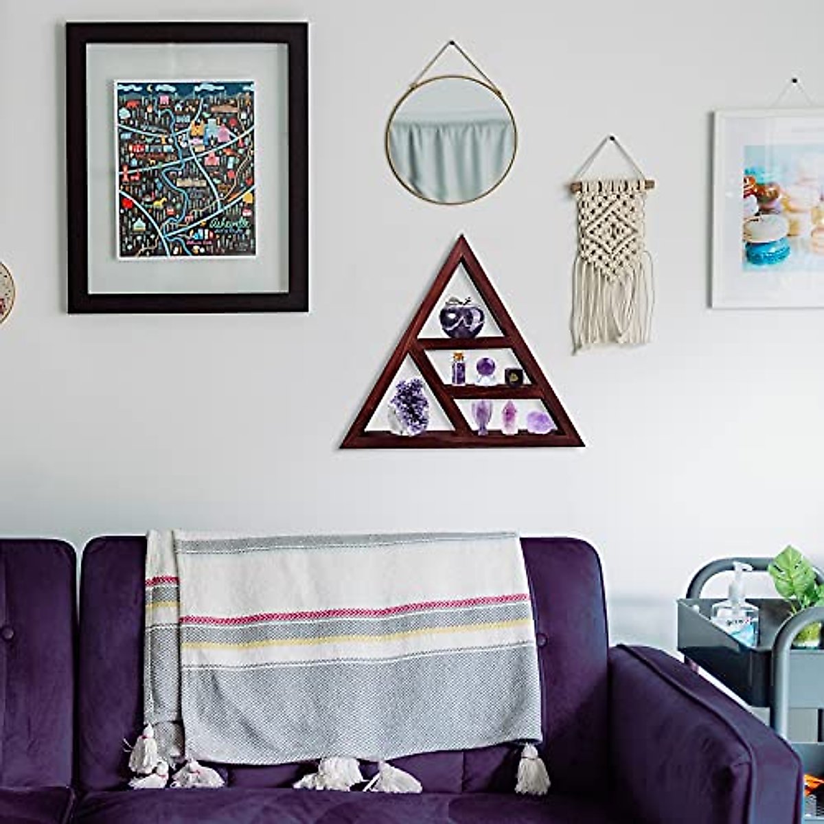 CozyCabin Triangle Shelf for Crystals Display, Moon Phase Wooden Crystal Display Shelf with Hooks Triangle Wall Shelf for Crystal Display
