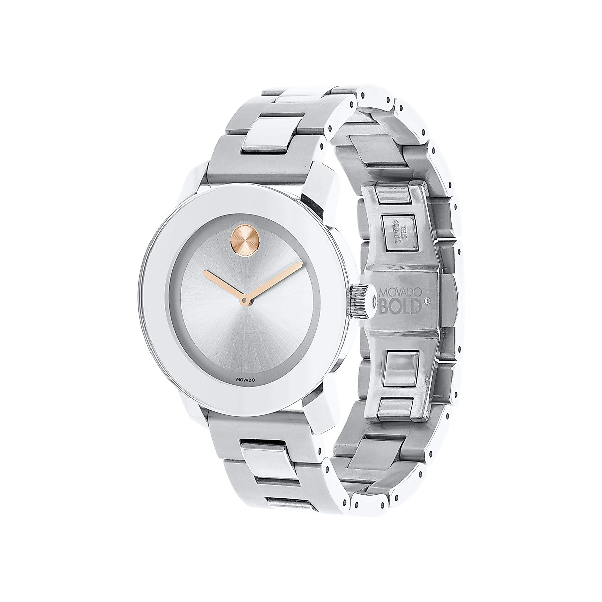 Movado Women's BOLD Iconic Metal Watch with a Flat Dot Sunray Dial, Silver/Pink/Gold (Model 3600084)