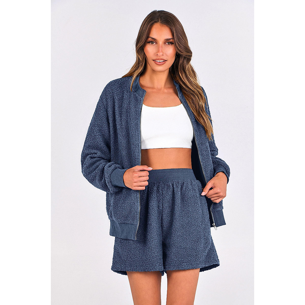 PRETTYGARDEN Women's Fall 2 Piece Outfits Casual Zip Up Teddy Fleece Jacket And Lounge Shorts Jogger Sets (Grey Blue,Large)