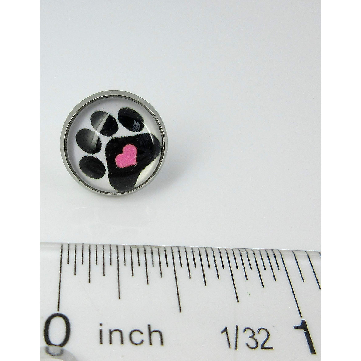 Summerfield Collection Stainless Steel Black and White Paw Print Pink Heart Glass Stud Earrings 12mm