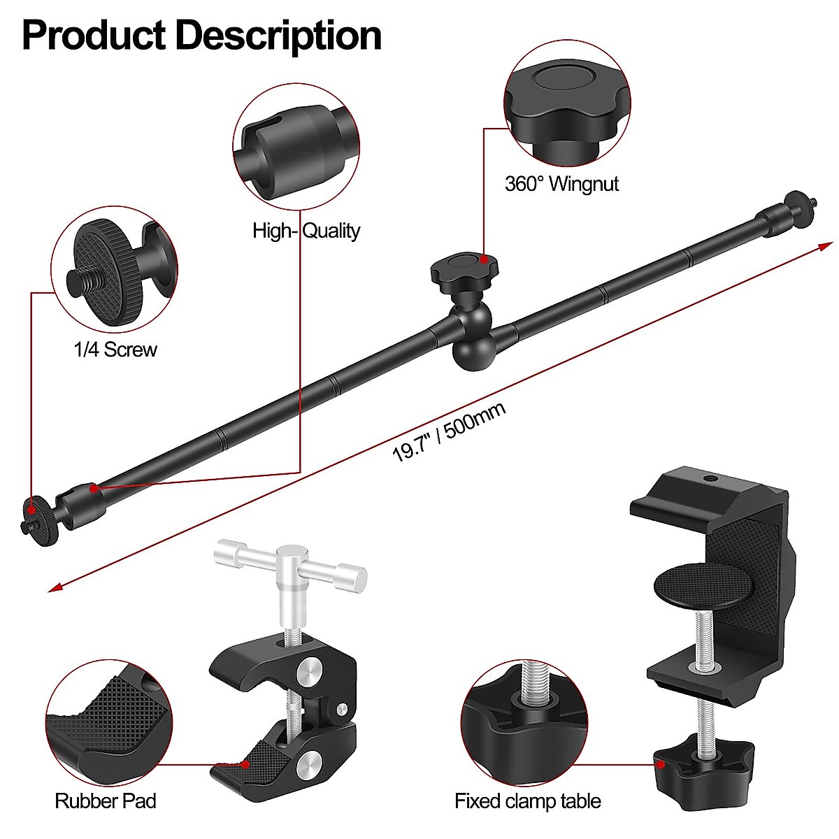 Toolour Magic Arm Camera Mounts Clamps w/ 1/4" and 3/8" Thread, 19.7” Adjustable Friction Power Articulating Arm with 2.6" Super Clamp for LCD Monitor/LED Light/Camera Video Rig/Smartphone