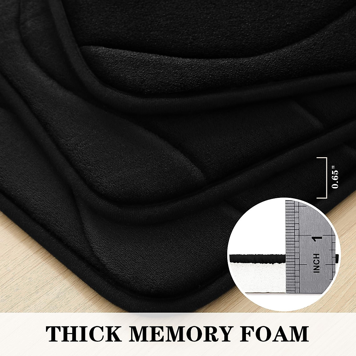 BYSURE Black Memory Foam Bathroom Rug Set 3 Piece Non Slip Extra Absorbent Shaggy Bathroom Mats and Rugs Sets, Soft & Dry Bath Mat Sets for Bathroom Washable Carpets Set