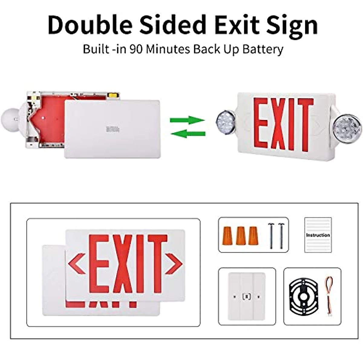 Pendtlit Red LED Exit Sign Emergency Lights with 2 Adjustable Head Lights, Red Letter Emergency Exit Lighting With Battery backup For Restaurant, Commercial, Family Emergency , UL-Listed, 120-277V, 6PCS