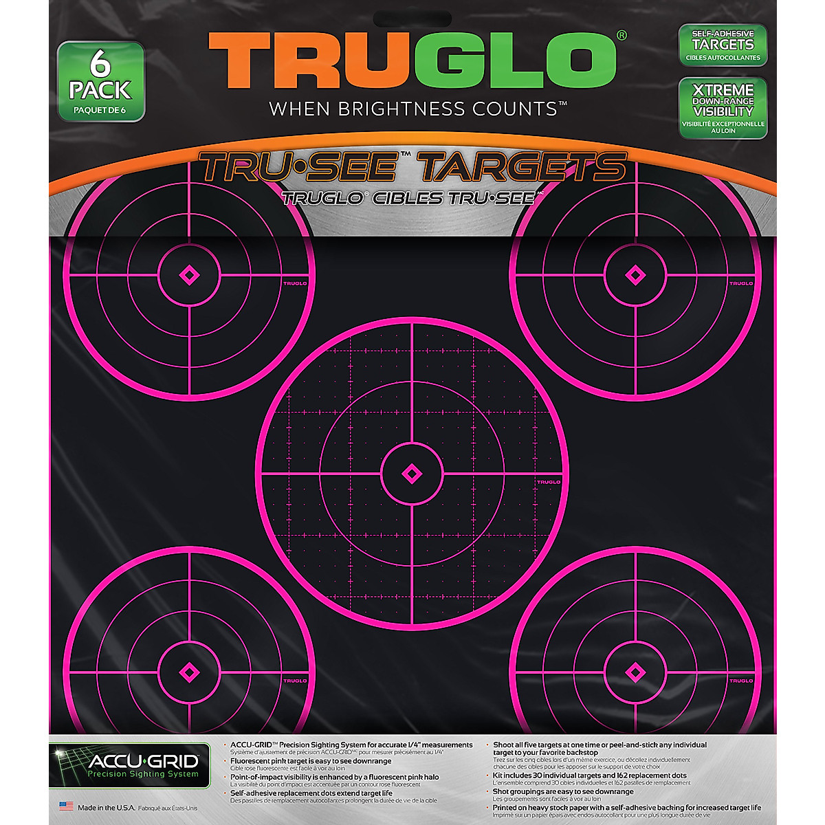 TRUGLO Tru-See 5-Bull 12X12 Bright Fluorescent Self-Adhesive High-Visible Reactive Splatter Target with Increased Target Life, 6-Pack/Pink