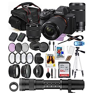 Sony a7 IV Mirrorless Camera with 28-70mm & 55-210mm Lens Bundle + 420-800mm Lens + Commander Optics Accessories Pro Including Filters, Case, Aux Lenses + 64GB Memory, Software Package (Renewed)