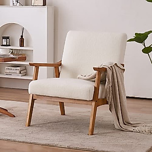 Karl home Mid-Century Accent Chair Modern Retro Leisure Chair with Solid Wood Frame Upholstered Teddy Fleece Fabric Single Sofa Armchair for Living Room, Bedroom, Balcont, Creamy-White