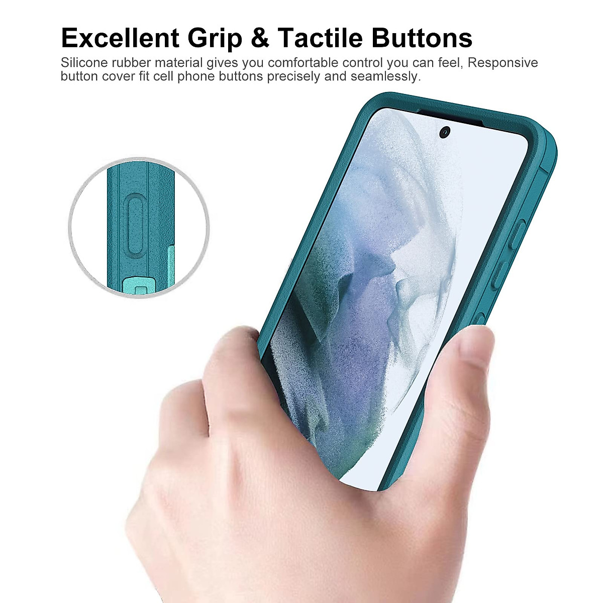 Dahkoiz for Samsung Galaxy S21 FE 5G Case, and Glass Screen Protector, Dust Proof Port Cover, Full Body Protection Durable Rubber Cover Phone Case, Teal