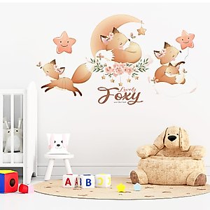 Cute Little Fox with Flower Wall Stickers, Cartoon Animal Wall Stickers, Removable DIY Wall Decor Vinyl Mural Art for Kids Baby Nursery Bedroom Living Room Playroom Decoration