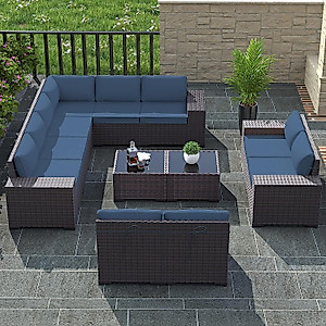 RTDTD Outdoor Patio Furniture Set, 12 Pieces Outdoor Furniture All Weather Patio Sectional Sofa PE Wicker Modular Conversation Sets with Coffee Table,10 Chairs & Seat Clips Dark Blue
