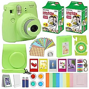 Fuji Film Instax Mini 9 Instant Camera Lime Green with Carrying Case + Fuji Instax Film Value Pack (40 Sheets) Accessories Bundle, Color Filters, Photo Album, Assorted Frames, Selfie Lens + More