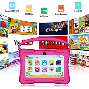 Kids Tablet, 7 inch Tablet for Kids 3GB RAM 32GB ROM Android 11 Toddler Tablet with Bluetooth, WiFi, GMS, Parental Control, HD Dual Camera, Shockproof Case, Google Play, Netflix, YouTube(Pink)