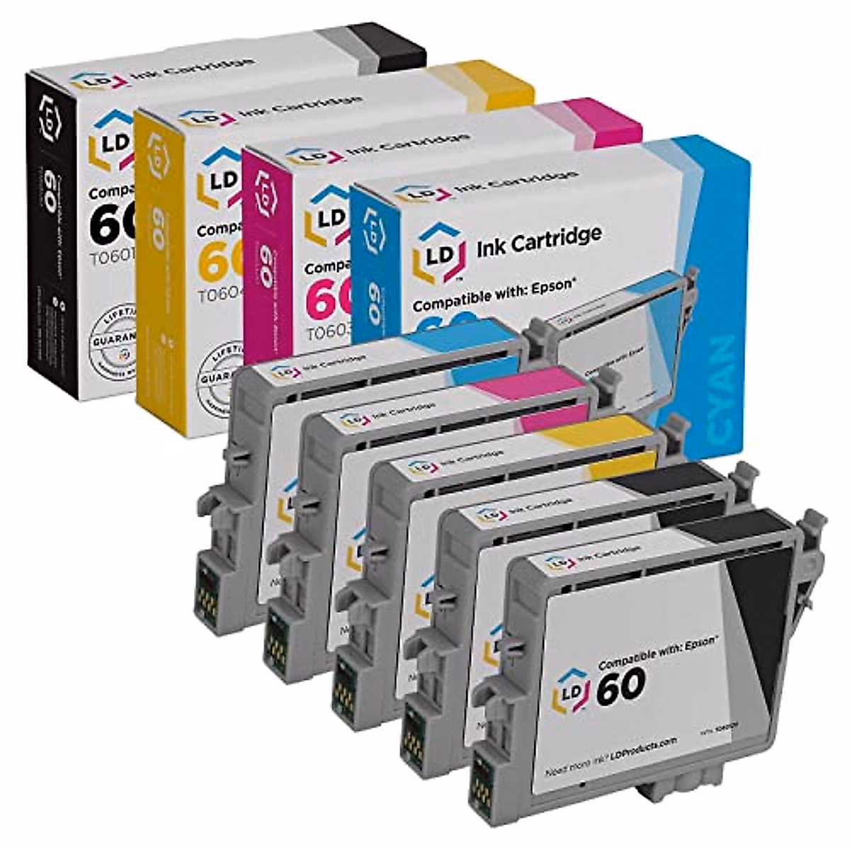 LD Products Remanufactured Ink Cartridge Replacement for Epson 60 T060 (2 Black, 1 Cyan, 1 Magenta, 1 Yellow, 5-Pack)