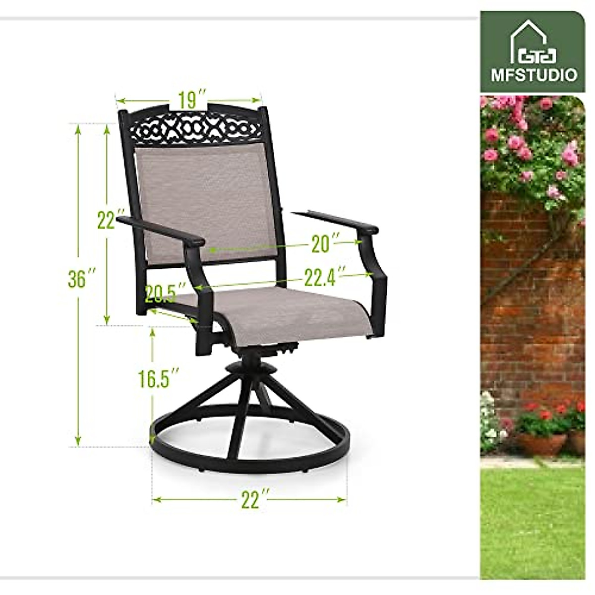 MFSTUDIO Cast Aluminum Frame Patio Sling Dining Swivel Chairs Set of 4，Outdoor Textilene Furniture for Lawn Garden Backyard
