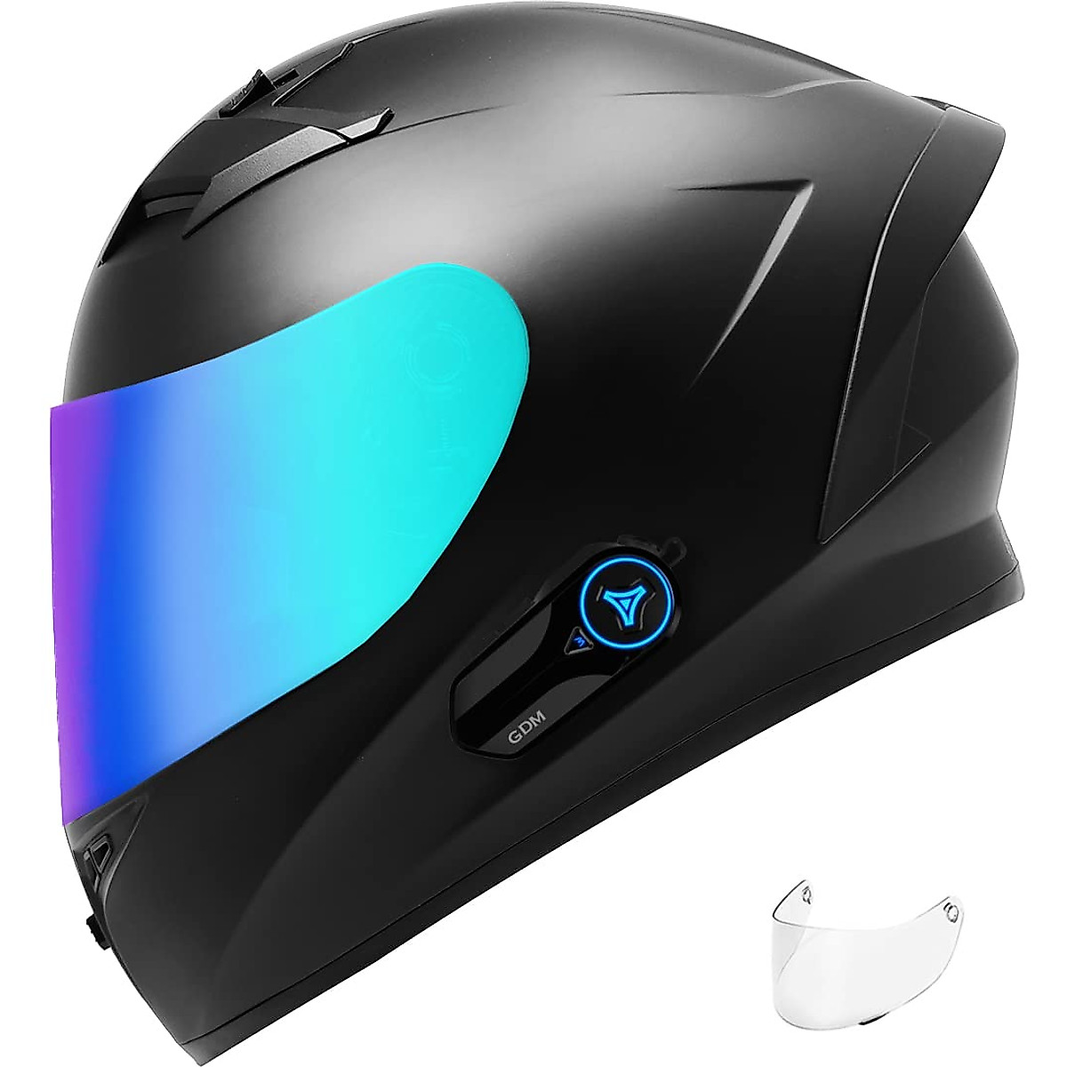 GDM VENOM Motorcycle Helmet with GDM HYPERSONIC Bluetooth Intercom Matte Black (Iridium & Clear Shields, Large)