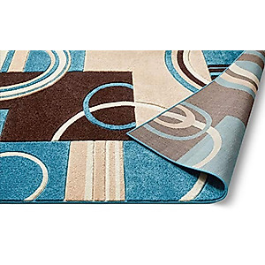 Echo Shapes & Circles Blue & Brown Modern Geometric Comfy Casual Hand Carved Area Rug 5'3" x 7'3" Abstract Contemporary Soft Living Room Rug