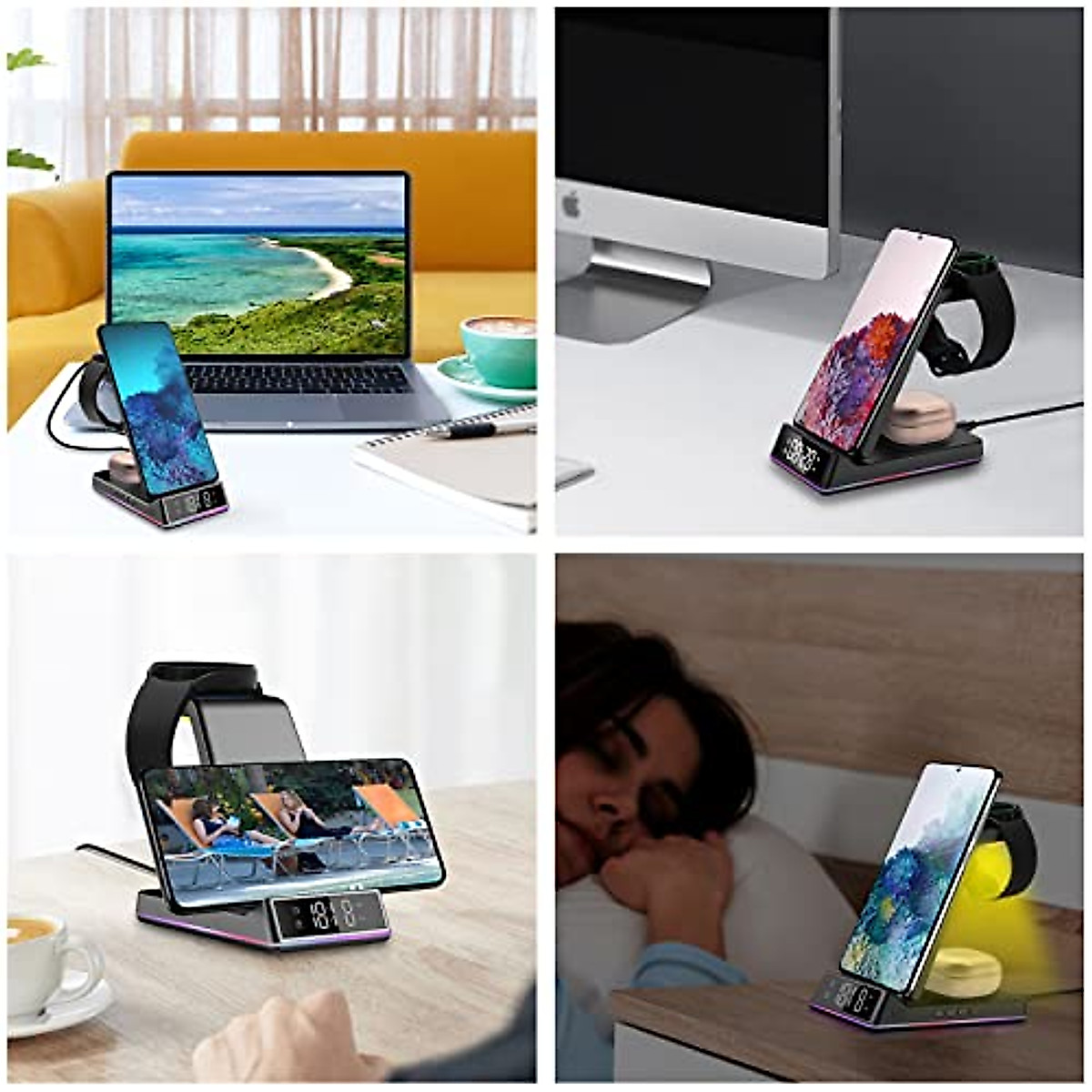 Wireless Charger with Clock/Alarm for Samsung Charging Station, 3 in 1 Android Phone Multiple Devices Charger for Galaxy S22 Ultra/S21/Z Flip/Fold 4/Buds/Galaxy Watch 5/Pro/4/3(Only for Samsung Watch)
