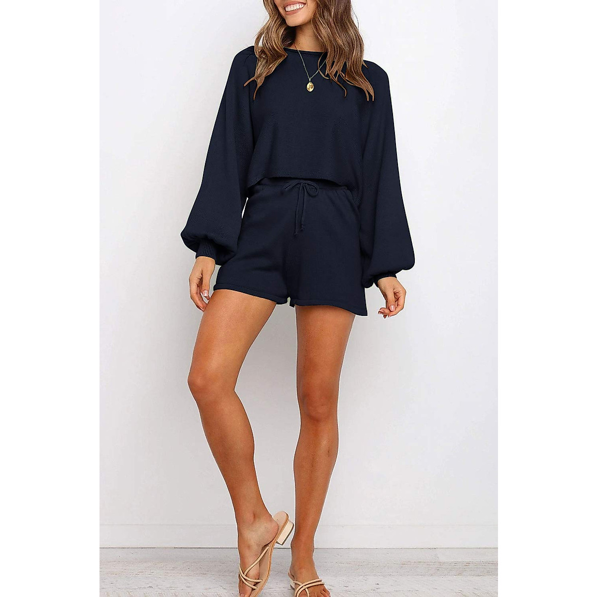 ZESICA Women's Casual Long Sleeve Solid Color Knit Pullover Sweatsuit 2 Piece Short Sweater Outfits Sets,Navy,Medium