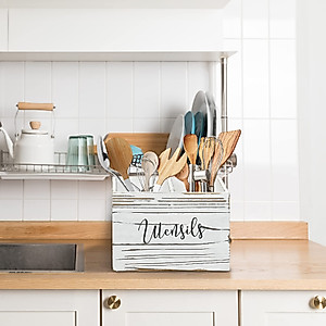 Wood Utensil Caddy for Kitchen Countertop, Utensil Holder with 2 Compartments, Wood utensil Crock for Kitchen Counter, Kitchen Utensil Organizer for Countertop, Rustic White