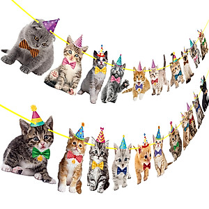 2pcs Cat Theme Party Banner Decorations Pet Cat Birthday Party Decorations Baby Cat Birthday Party Garland Decorations for Pet Kitties Theme Birthday Party Baby Shower Favor Bunting Supplies