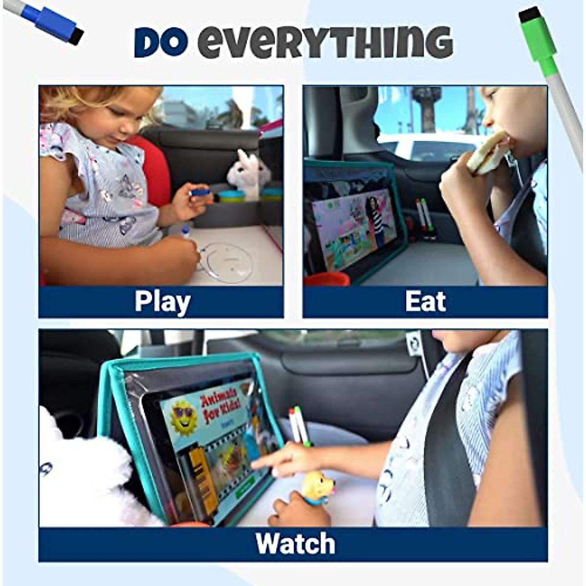 WITRIP Kids Travel Tray with Dry Erase Board, Travel Tray for Kids Car Seat, Carseat Table Trays for Toddler, Kid Activity Desk for Air Travel, No-Drop Tablet Holder & Borders (All Grey)