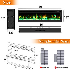 AMERLIFE 60" Electric Fireplace Inserts Recessed and Wall Mounted with Remote Control, Fireplace Heaters for Indoor Use with Timer, 12 Adjustable Flame Colors and Brightness, Log & Crystal, Black